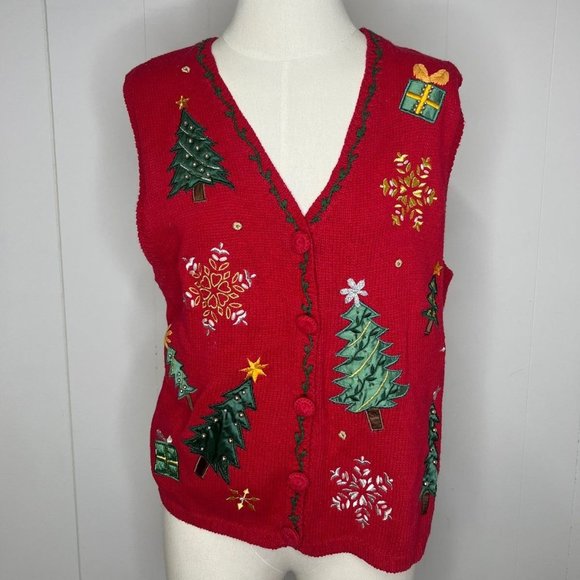Vintage | Jackets & Coats | Vintage Christmas Tree Beaded Knit Vest By ...